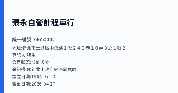 張永自營計程車行的照片-統編 34650002(新北市) 公司登記資料與營業項目詳細圖表