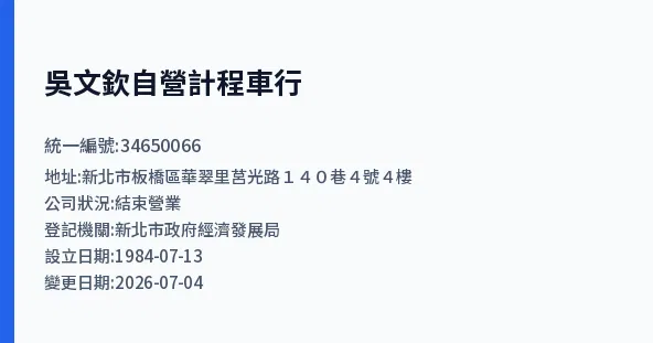 吳文欽自營計程車行的照片-統編 34650066(新北市) 公司登記資料與營業項目詳細圖表