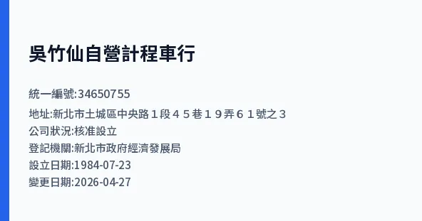 吳竹仙自營計程車行的照片-統編 34650755(新北市) 公司登記資料與營業項目詳細圖表