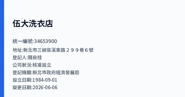 伍大洗衣店的照片-統編 34653900(新北市) 公司登記資料與營業項目詳細圖表