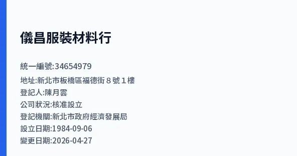 儀昌服裝材料行的照片-統編 34654979(新北市) 公司登記資料與營業項目詳細圖表