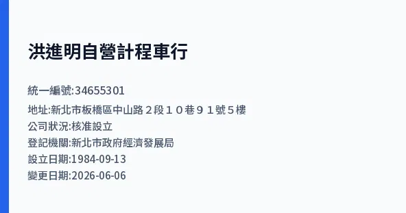 洪進明自營計程車行的照片-統編 34655301(新北市) 公司登記資料與營業項目詳細圖表