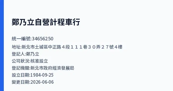 鄭乃立自營計程車行的照片-統編 34656250(新北市) 公司登記資料與營業項目詳細圖表