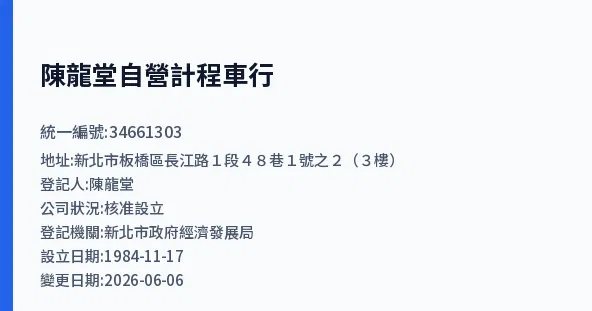 陳龍堂自營計程車行的照片-統編 34661303(新北市) 公司登記資料與營業項目詳細圖表