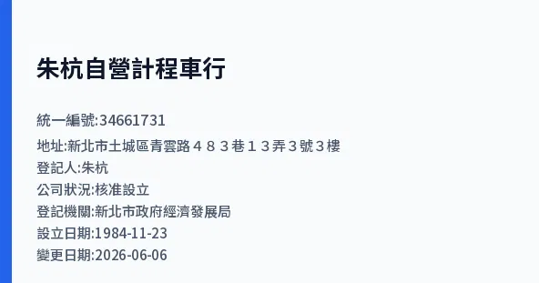 朱杭自營計程車行的照片-統編 34661731(新北市) 公司登記資料與營業項目詳細圖表