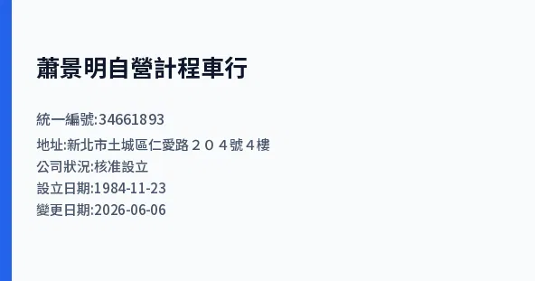 蕭景明自營計程車行的照片-統編 34661893(新北市) 公司登記資料與營業項目詳細圖表