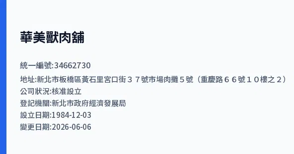 華美獸肉舖的照片-統編 34662730(新北市) 公司登記資料與營業項目詳細圖表