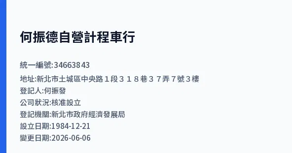 何振德自營計程車行的照片-統編 34663843(新北市) 公司登記資料與營業項目詳細圖表