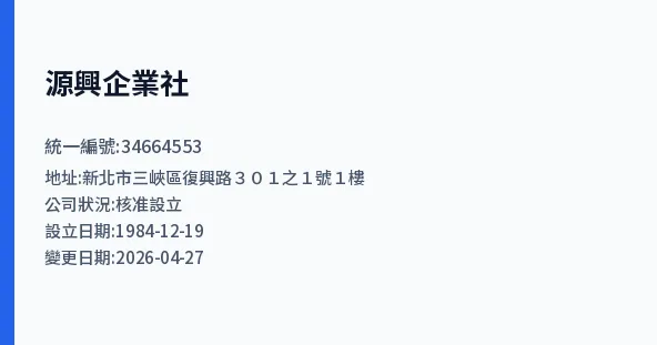 源興企業社的照片-統編 34664553(新北市) 公司登記資料與營業項目詳細圖表