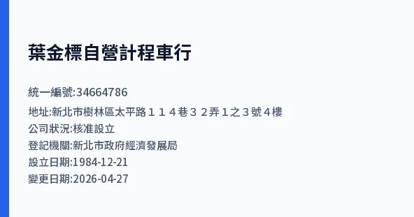 葉金標自營計程車行的照片-統編 34664786(新北市) 公司登記資料與營業項目詳細圖表