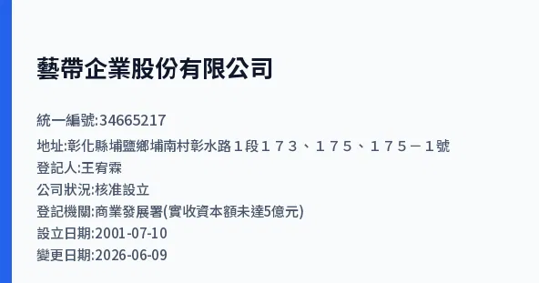 藝帶企業股份有限公司的照片-統編 34665217(彰化縣) 公司登記資料與營業項目詳細圖表