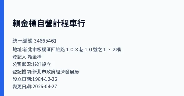賴金標自營計程車行的照片-統編 34665461(新北市) 公司登記資料與營業項目詳細圖表