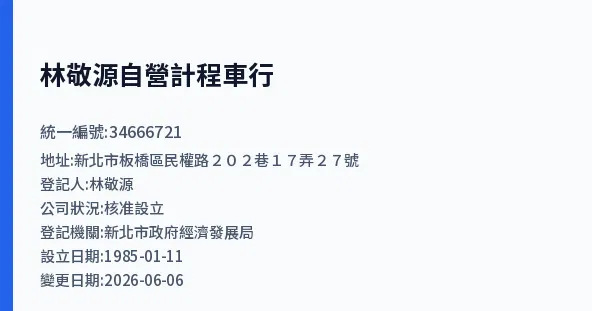 林敬源自營計程車行的照片-統編 34666721(新北市) 公司登記資料與營業項目詳細圖表