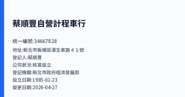 蔡順豐自營計程車行的照片-統編 34667828(新北市) 公司登記資料與營業項目詳細圖表