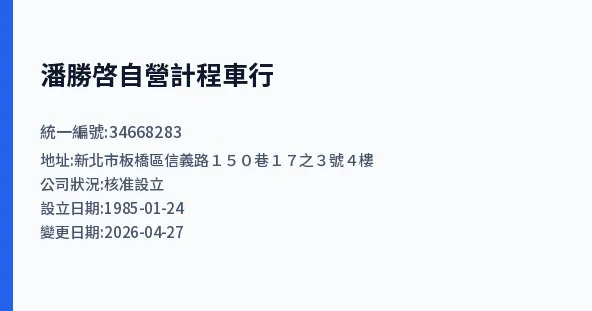 潘勝啓自營計程車行的照片-統編 34668283(新北市) 公司登記資料與營業項目詳細圖表