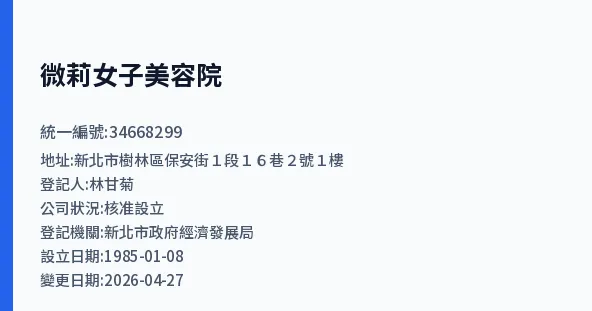 微莉女子美容院的照片-統編 34668299(新北市) 公司登記資料與營業項目詳細圖表
