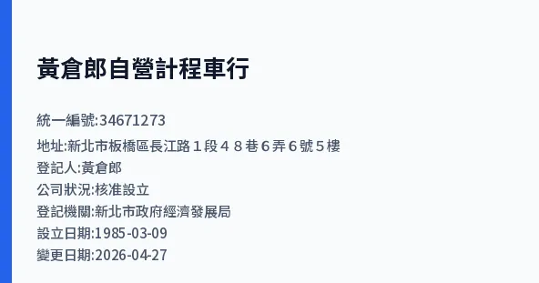 黃倉郎自營計程車行的照片-統編 34671273(新北市) 公司登記資料與營業項目詳細圖表