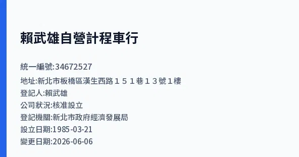 賴武雄自營計程車行的照片-統編 34672527(新北市) 公司登記資料與營業項目詳細圖表