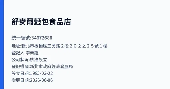 舒麥爾麪包食品店的照片-統編 34672688(新北市) 公司登記資料與營業項目詳細圖表