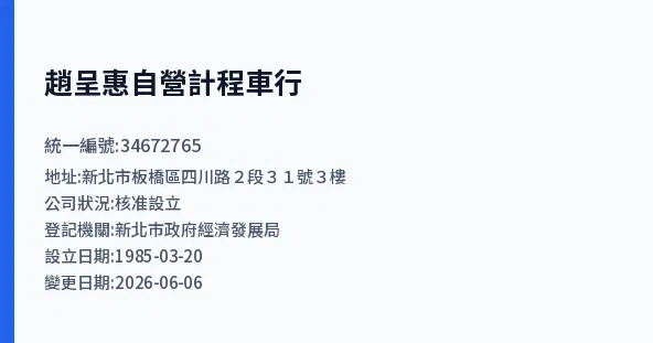 趙呈惠自營計程車行的照片-統編 34672765(新北市) 公司登記資料與營業項目詳細圖表