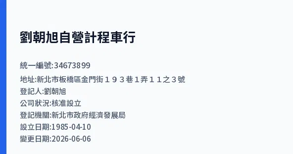 劉朝旭自營計程車行的照片-統編 34673899(新北市) 公司登記資料與營業項目詳細圖表