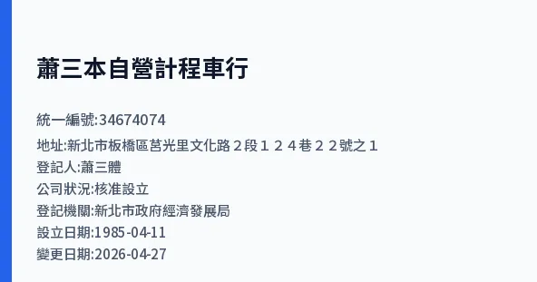 蕭三本自營計程車行的照片-統編 34674074(新北市) 公司登記資料與營業項目詳細圖表
