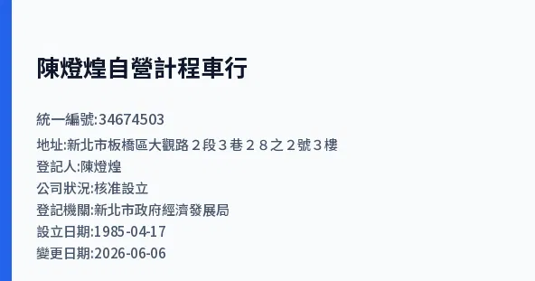 陳燈煌自營計程車行的照片-統編 34674503(新北市) 公司登記資料與營業項目詳細圖表