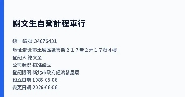 謝文生自營計程車行的照片-統編 34676431(新北市) 公司登記資料與營業項目詳細圖表