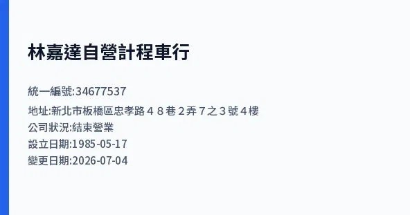 林嘉達自營計程車行的照片-統編 34677537(新北市) 公司登記資料與營業項目詳細圖表