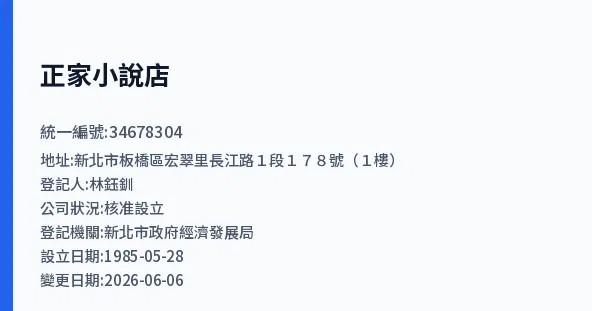 正家小說店的照片-統編 34678304(新北市) 公司登記資料與營業項目詳細圖表