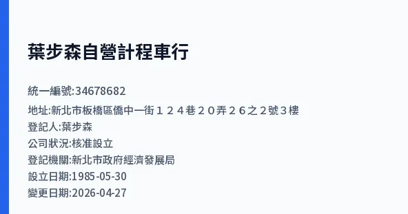 葉步森自營計程車行的照片-統編 34678682(新北市) 公司登記資料與營業項目詳細圖表