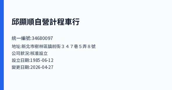 邱顯順自營計程車行的照片-統編 34680097(新北市) 公司登記資料與營業項目詳細圖表