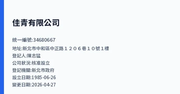佳青有限公司的照片-統編 34680667(新北市) 公司登記資料與營業項目詳細圖表