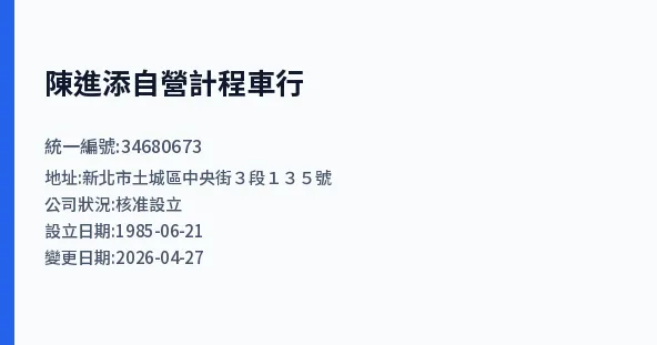 陳進添自營計程車行的照片-統編 34680673(新北市) 公司登記資料與營業項目詳細圖表