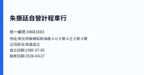 朱振廷自營計程車行的照片-統編 34681883(新北市) 公司登記資料與營業項目詳細圖表
