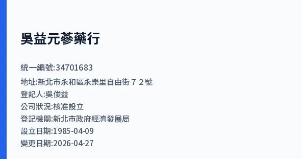 吳益元蔘藥行的照片-統編 34701683(新北市) 公司登記資料與營業項目詳細圖表