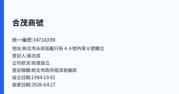 合茂商號的照片-統編 34716399(新北市) 公司登記資料與營業項目詳細圖表