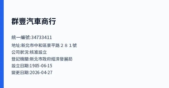群豐汽車商行的照片-統編 34733411(新北市) 公司登記資料與營業項目詳細圖表