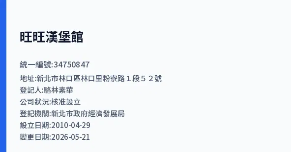 旺旺漢堡館的照片-統編 34750847(新北市) 公司登記資料與營業項目詳細圖表