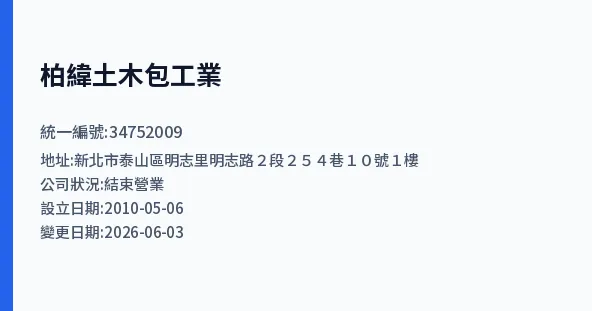 柏緯土木包工業的照片-統編 34752009(新北市) 公司登記資料與營業項目詳細圖表
