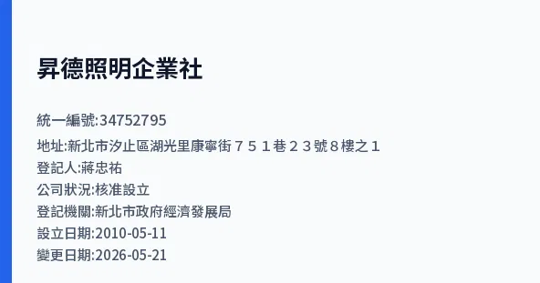 昇德照明企業社的照片-統編 34752795(新北市) 公司登記資料與營業項目詳細圖表