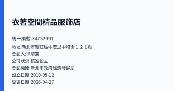 衣著空間精品服飾店的照片-統編 34752991(新北市) 公司登記資料與營業項目詳細圖表