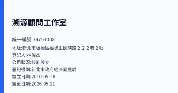 溯源顧問工作室的照片-統編 34753008(新北市) 公司登記資料與營業項目詳細圖表