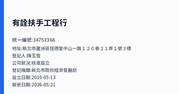 有詮扶手工程行的照片-統編 34753366(新北市) 公司登記資料與營業項目詳細圖表