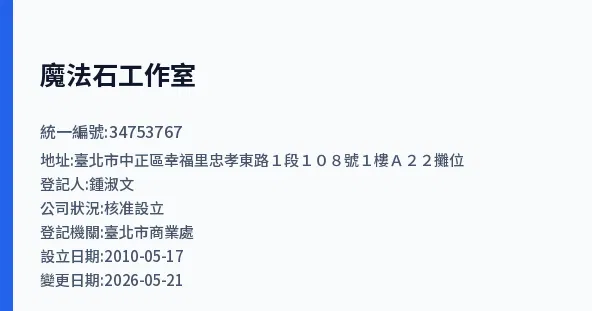 魔法石工作室的照片-統編 34753767(臺北市) 公司登記資料與營業項目詳細圖表