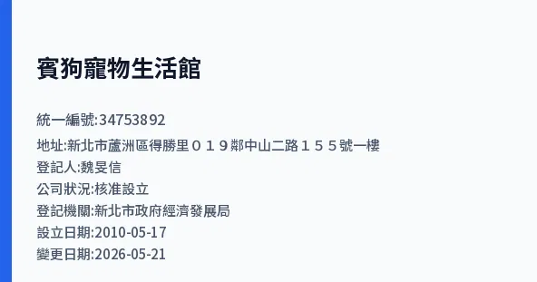 賓狗寵物生活館的照片-統編 34753892(新北市) 公司登記資料與營業項目詳細圖表