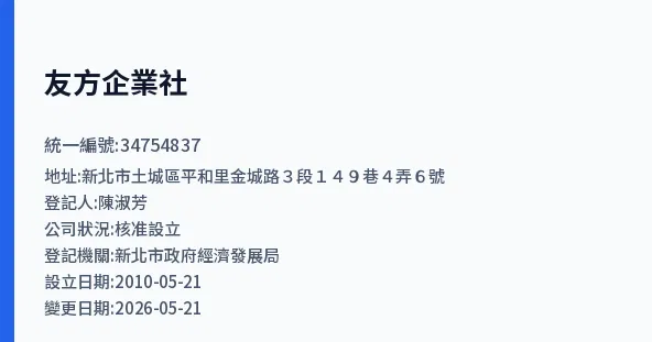 友方企業社的照片-統編 34754837(新北市) 公司登記資料與營業項目詳細圖表