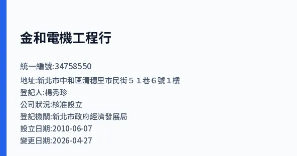 金和電機工程行的照片-統編 34758550(新北市) 公司登記資料與營業項目詳細圖表