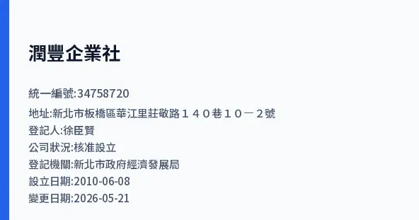 潤豐企業社的照片-統編 34758720(新北市) 公司登記資料與營業項目詳細圖表
