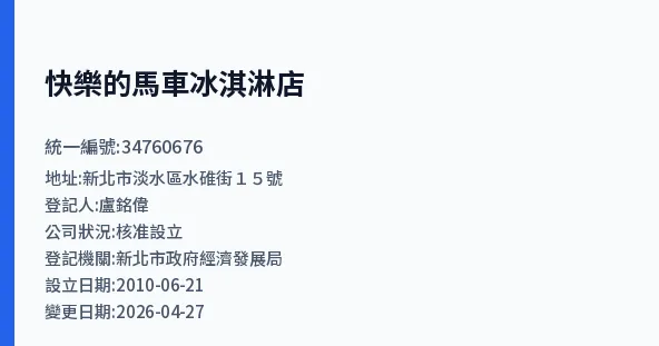 快樂的馬車冰淇淋店的照片-統編 34760676(新北市) 公司登記資料與營業項目詳細圖表